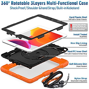 Timecity Case for iPad 9th/ 8th/ 7th Generation 10.2 inch - Heavy Duty Protective Cover with Screen Protector, Rotating Stand, Shoulder Strap & Pencil Holder | Kids-Friendly (Orange)