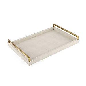 WV Ivory Faux Shagreen Decorative Tray PU Leather with Brushed Gold Stainless Steel Handle for Coffee Table, Ottoman, Console Table （Ivory