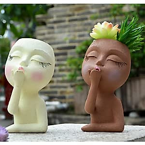 LovTocTic Head, Face Planters, Kissing Girl Flowerpot, Lady Head Flower Pot, Female Kiss Faces Small Resin Art Succulent Pots for Indoor Outdoor Plants, Kissy Brown