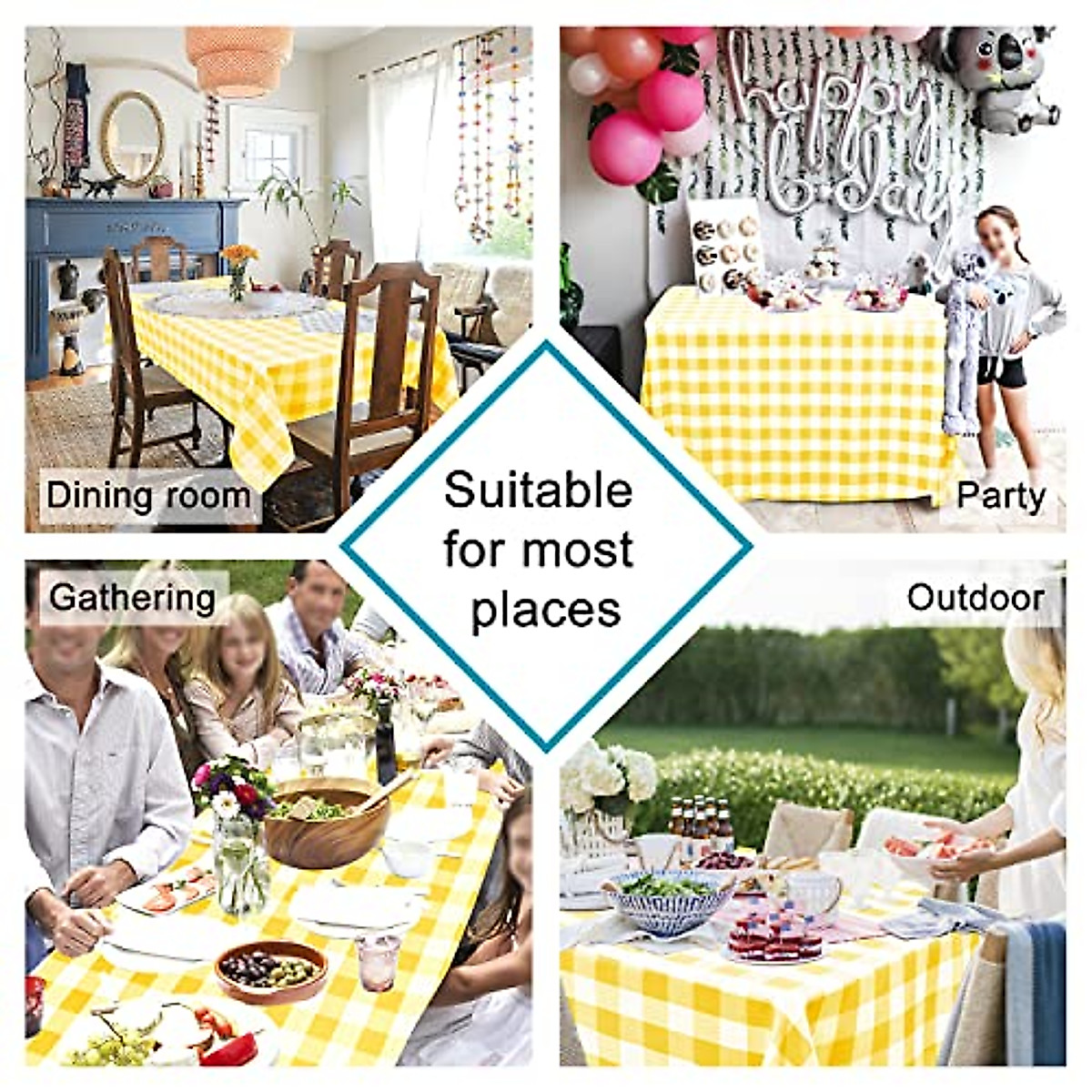 Hiasan 60 x 120 Inch Checkered Tablecloth Rectangle - Waterproof & Wrinkle Resistant Gingham Spring Table Cloth for Outdoor Picnic, Kitchen and Holiday Dinner, Yellow and White
