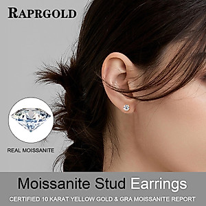 RAPRGOLD Moissanite Stud Earrings Lab Created 10K Real Yellow Gold Earrings Jewelry Gifts for Women Men, Solitaire Round Cut Moissanite Studs for Men Solid Gold in Secure Screw Back 1.60cttw 6mm