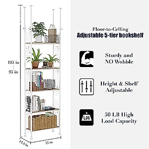 DYN Ptah Floor to Ceiling Adjustble 5 Tiers Bookshelf, Tall Bookshelf with Open Shelves for Storage and Display, Modern Shelf for Living Room, Metal Bookshelf with Wooden Shelf