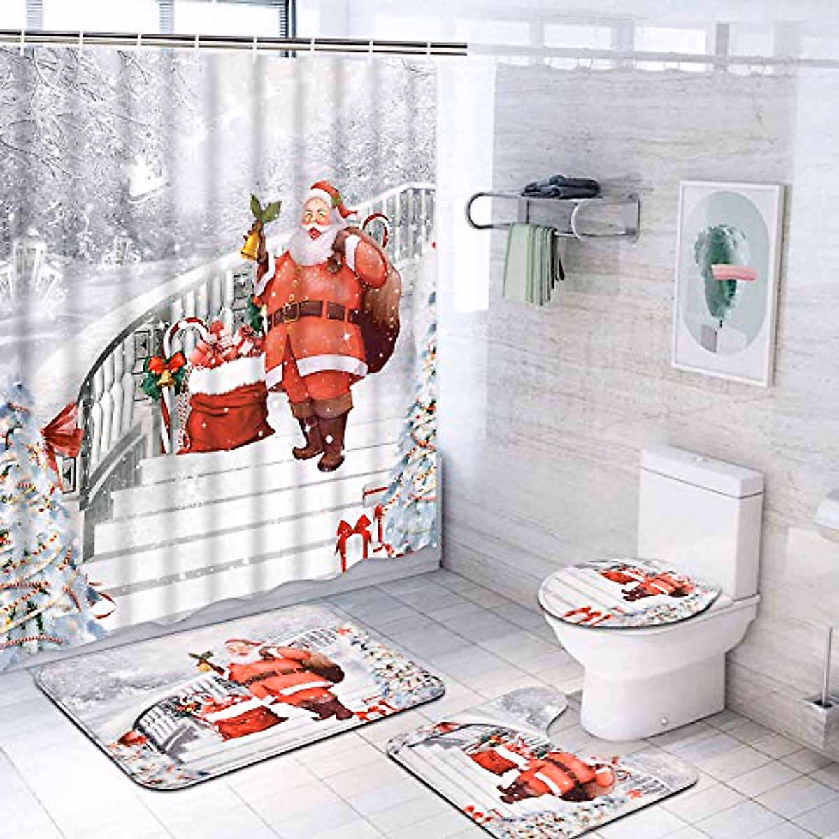 4 Pcs Merry Christmas Shower Curtain Sets with Non-Slip Bathroom Rugs, Toilet Lid Cover and Bath Mat, Santa Claus Shower Curtain with 12 Hooks, Christmas Bathroom Sets with Shower Curtain and Rugs