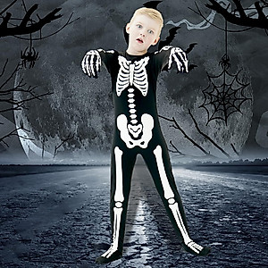 FAYBOX Skeleton Costume Glow in The Dark for Kids Toddler, Halloween Fortnite Onesie for Boy Girls with Pumpkin Candy Bag(10-12)