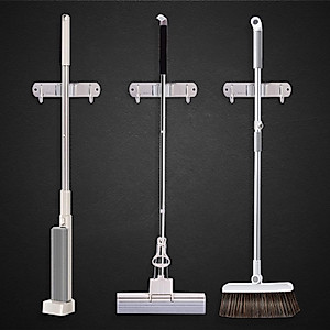 Tidysun Mop and Broom Holder Wall Mounted,Heavy Duty Stainless Mop Holder Wall Mount with 1 Gripper and 2 Hooks,Mop Broom Holder for Kitchen Bathroom Garden Garage 1 Pack(Grey)