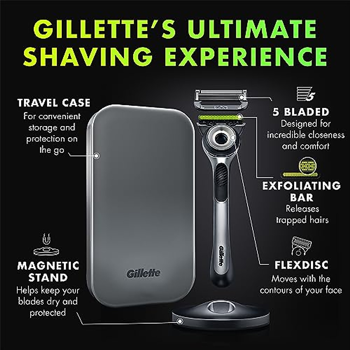 Gillette Labs with Exfoliating Bar by Gillette Mens Razor and Travel Case, Shaving Kit for Men, Storage on the Go, Includes Travel Case, 1 Handle, 3 Razor Blade Refills, and Premium Magnetic Stand