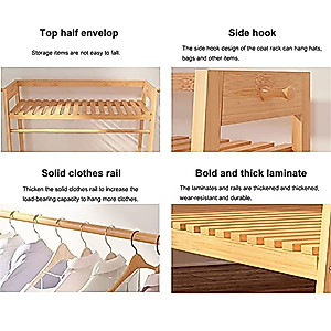 ZJDU Bamboo Garment Coat Clothes Hanging Rack,with Top Shelf and Shoe Clothing Storage Organizer Shelves, for Home Office Hallway Bedroom,110×42×140cm