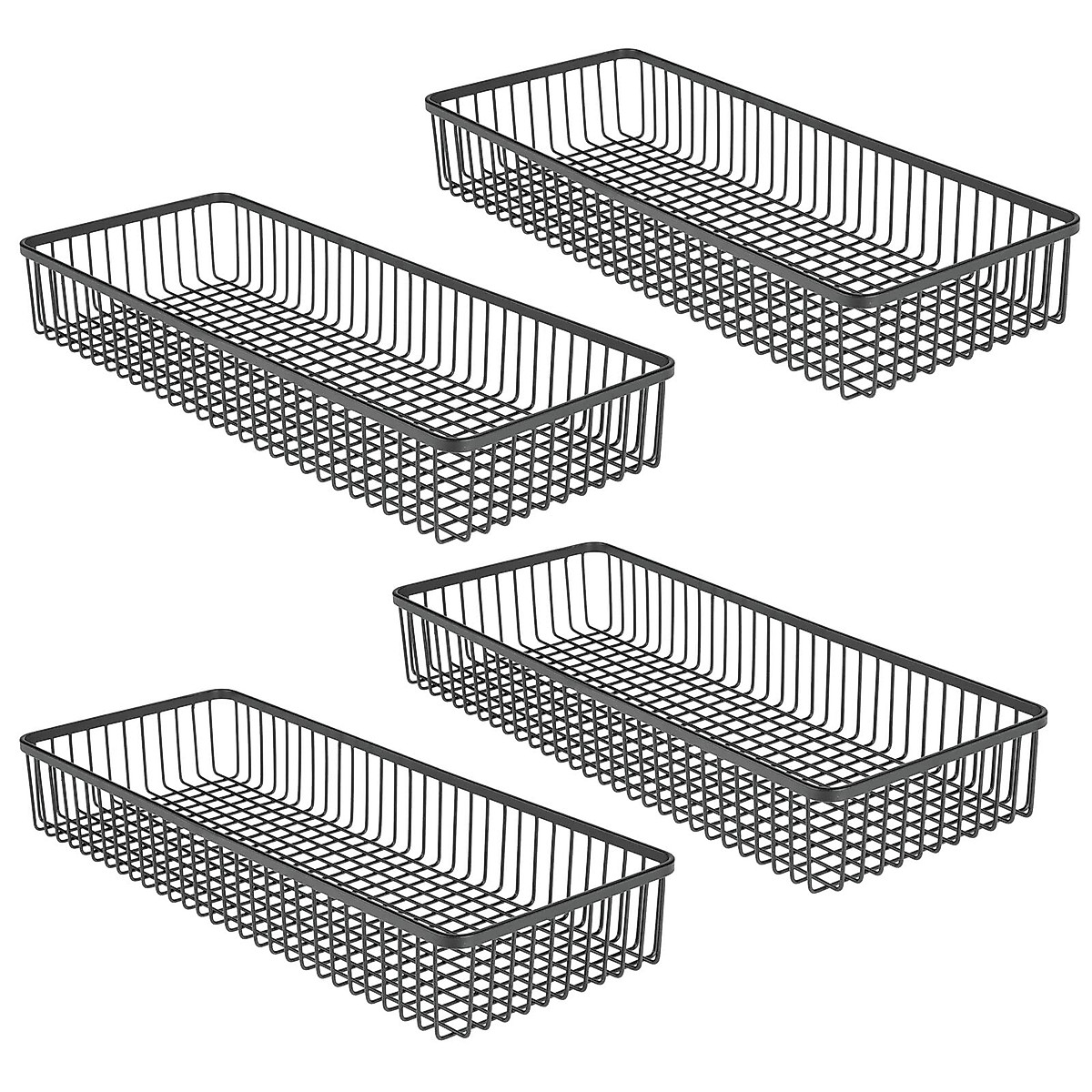 mDesign Metal Farmhouse Kitchen Cabinet Drawer Organizer Basket Tray, Shallow Storage Bin for Cutlery, Serving Spoons, Cooking Utensils, Appliances, Gadgets, Unity Collection, 15" Long, 4 Pack, Black