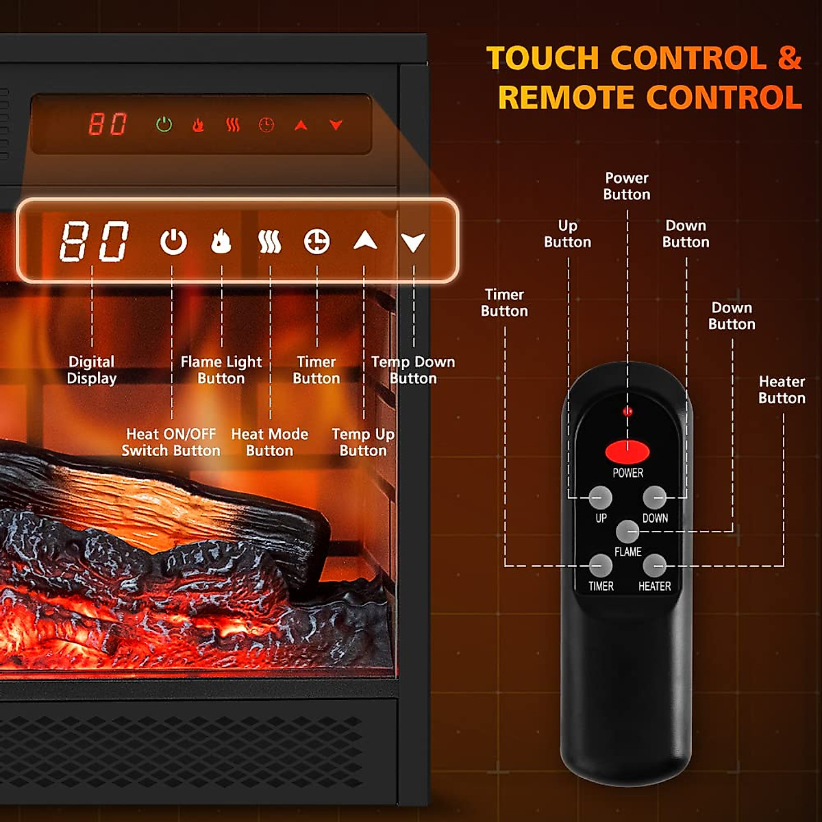 LIFEPLUS 22" Electric Fireplace Insert Infrared Quartz Recessed Heater with Remote Control 12h Timer with Log Flame Effect LED Display Adjustable Thermostat Overheat Protection for Office and Home