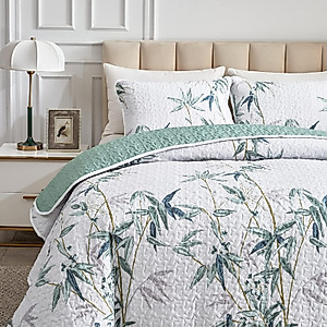 Flysheep Botanical Quilt Set 2 Pieces Twin Size, Green Leaves Printed on White Reversible Bedspread Coverlet Set, Soft Microfiber Lightweight Bed Cover for Kids (68" x 86", 1 Quilt+ 1 Pillow Sham)