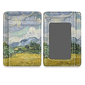 Linomo Thin leather Card Holder and Money Clip Van Gogh Wheat Field Cypresses Wallet RFID Blocking for Men & Women
