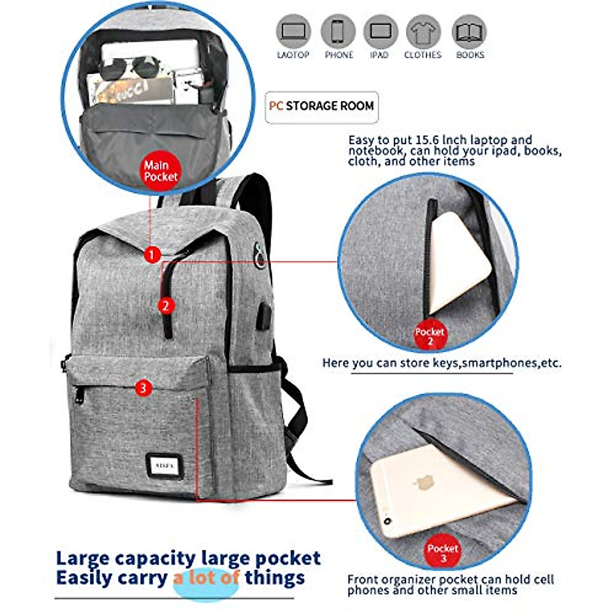 AISFA Laptop Backpack Travel Business Waterproof Backpack with USB Charging Port, Suitable for Travel, Camping, School, Business (Black)