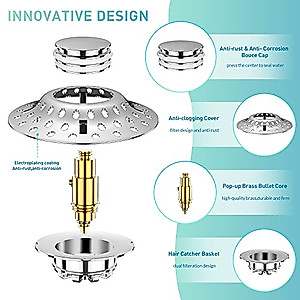 Universal Bathtub Stopper with Drain Hair Catcher, 2 in 1 Upgraded Pop Up Tub Stopper with Dual Drain Filter, Anti-Clog Bathtub Drain Cover, Stainless Bath Tub Drain Plug for 1.45"-1.85" Drain Hole