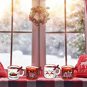 ZOIIWA 6 Pack Christmas Coffee Mug Set with Red Black Plaid Ribbon for Holiday Party Ceramic Mugs For Christmas Gift Christmas Theme Decor for Home Kitchen Table Centerpieces Decor Housewarming Gift