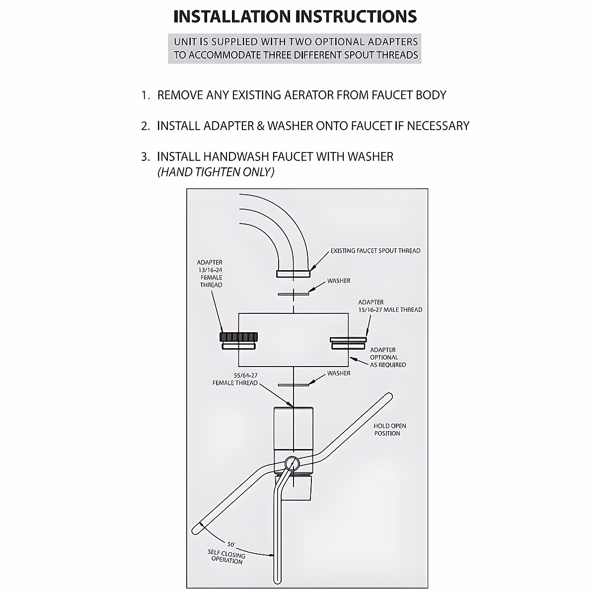 Hands-Free Faucet Hand Wash Adapter | Universal Push Faucet Adapter with 3 Thread Adapters for All Kitchen, Bathroom, and Commercial Kitchen Sinks