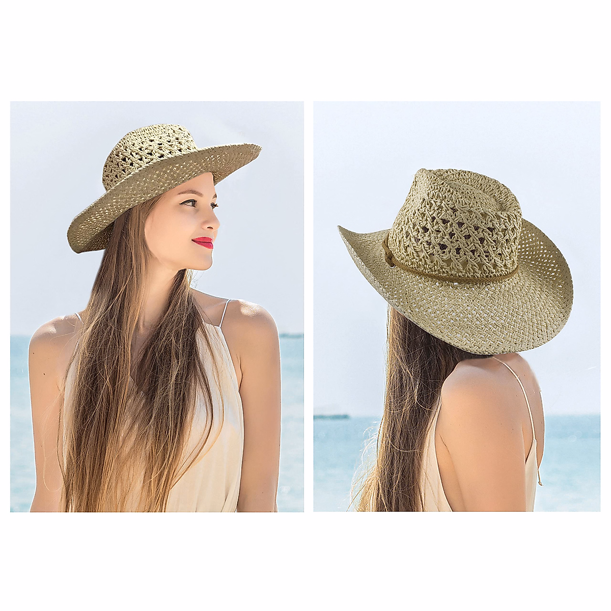 Muryobao Womens Summer Straw Hat Wide Brim Outdoor UV Protection Cowboy Sun Hat Foldable Packable Fedora Travel Beach Cap UPF 50+ with Wind Lanyard Khaki