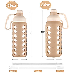 MUKOKO 64 Oz Glass Water Bottles, Half Gallon Water Bottle With Straw And Silicone Sleeve Wide Mouth Leakproof Reusable Water Jug With Time Marker And Handle For Gym, Outdoor, BPA Free,Amber