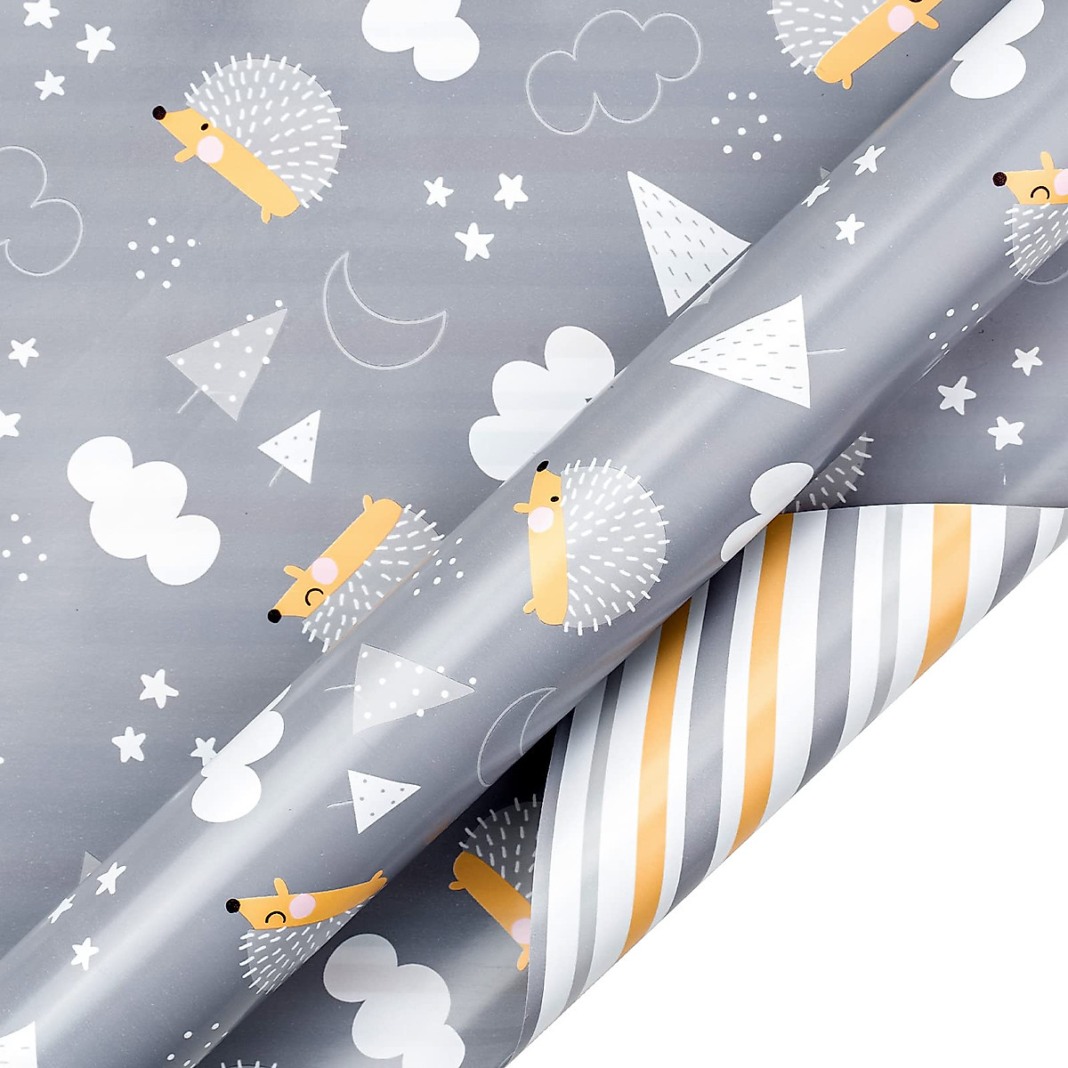 WRAPAHOLIC Reversible Baby Shower Wrapping Paper - Mini Roll - 17 Inch X 33 Feet - Cute Hedgehogs and Stripes Design for Birthday, Holiday, Party