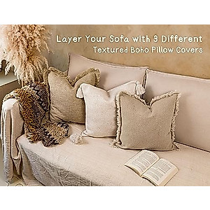 5F Balcony Decorative Boho Linen Throw Pillow Cover with Handmade Fringes - Neutral Beige Pillow Cover 18 × 18, Soft Solid Square Cushion Cover for Couch Bed Patio Outdoor