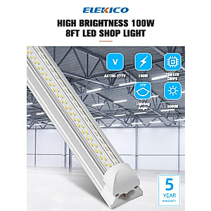 ELEKICO 8FT LED Shop Light, Super Bright 100W Shop Lights, 15000LM 5000K 8 Foot Led Lights, Linkable 96" LED Shop Lights Lighting for Garage with Plug, V Shape T8 8' Led Light Fixtures 10 Pack