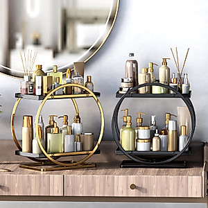 YFUIF 2 Tier Perfume Organizer, Bathroom Organizer Countertop, Dresser Makeup Vanity Skincare Storage Tray Shelf Rack Senior Room Decor Aesthetic Display Accessories (Black Gold)