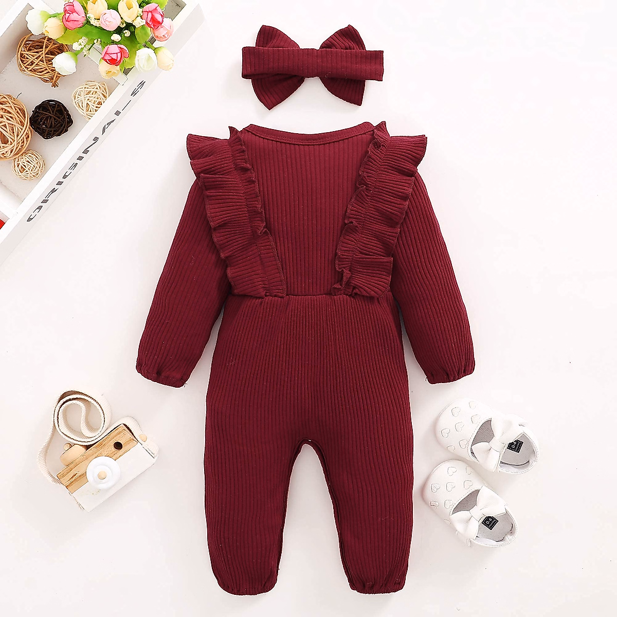 nilikastta Baby Girls Clothes Newborn Infant Ruffle Long Sleeve Romper Jumpsuit(Wine Red2,0-3M)