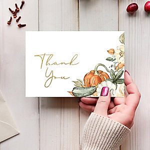 Whaline 32 Packs Fall Pumpkin Gold Foil Thank You Cards Autumn Watercolor Greeting Cards Blank Note Cards with Envelopes and Stickers for Thanksgiving Birthday Baby Shower Party, 4 x 6 Inch