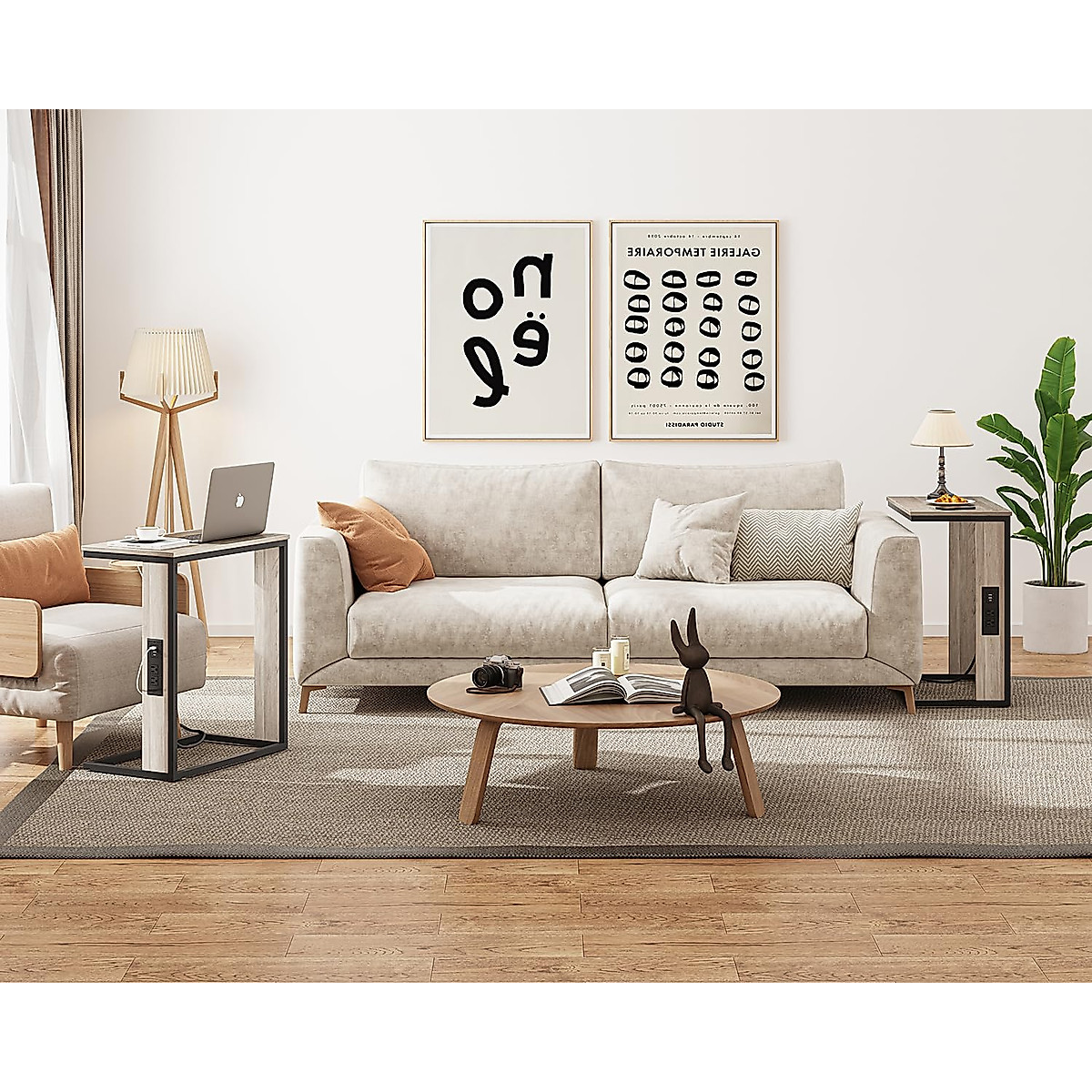 Vagusicc C Shaped End Table with Charging Station, Small Couch Side Table with Outlets and USB Ports for Living Room, Bedroom, Sturdy Slide Under Sofa Table C-Shaped Snack Table with Metal Frame 27 "H