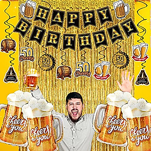 50th birthday decorations for men women - (60pcs) black gold party Banner, 40 Inch Gold Balloons,50th Sign Latex Balloon,Fringe Curtains and cheers to you Foil Balloons,Hanging Swirl,photo props