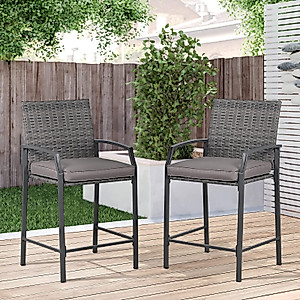 JOIVI Outdoor Wicker Bar Stools Set of 4, Patio Rattan Counter Height Chairs with Cushions, Armrest and Footrest for Indoor, Garden, Poolside, Lawn, Backyard