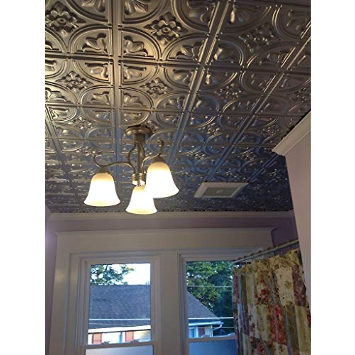 From Plain To Beautiful In Hours 148 Tiny Tulips PVC 2' x 2' Glue-up Ceiling Tile (Covers / 100 sq.ft), Siver, 25 Piece