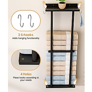Cozivolife Bamboo Towel Rack for Bathroom with 2 Hooks, 32.7 inch with Shelf Wall Mounted Towel Storage Organizer, Large Capacity Towel Holder for Bathe Towels and Hand Towels (Black)