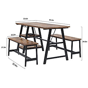 SogesHome 55’’ Kitchen Table Sets, 3-Piece Dining Room Table and Benches for 4, Breakfast Lunch Table with Wine Rack and Glass Holder for Kitchen, Living-Room, Small Space, Vintage Brown