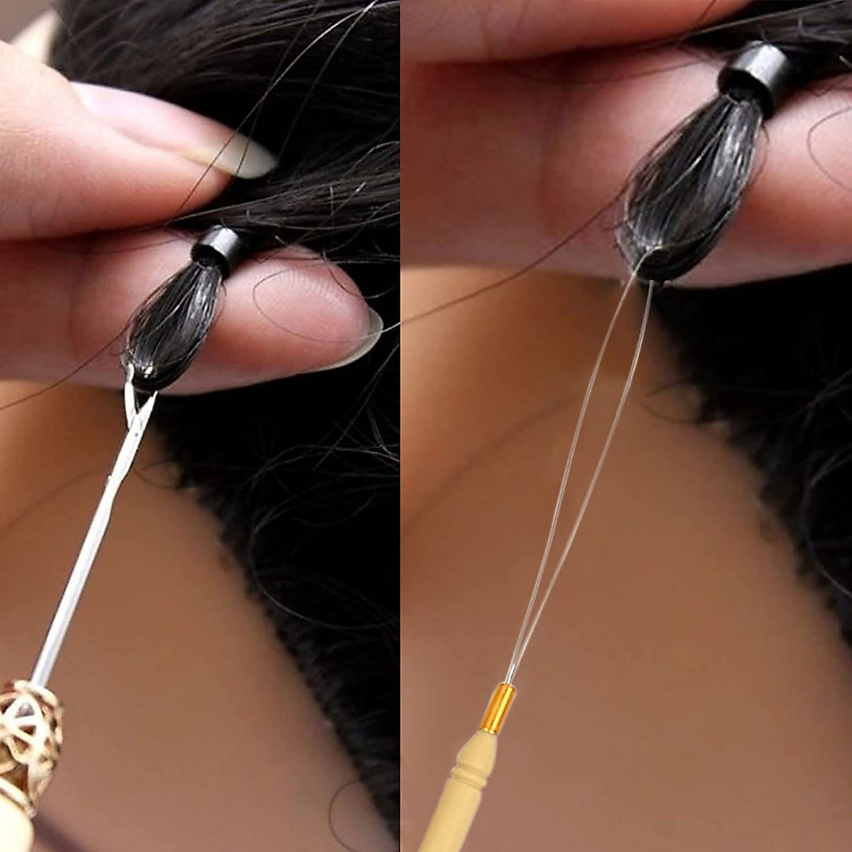 Hair Extension Tool Kit, Bead Device Tool, Silicone Lined Links Beads, Curved Hair Plier, for Tinsel and Feather Hair Extensions or Removal (Beige)