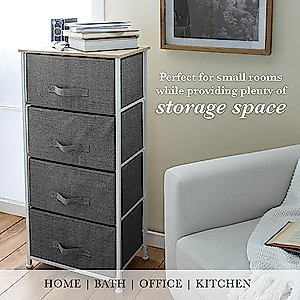 Simplify 4 Tier Vertical Storage Chest | Dresser | Nightstand | Fabric Drawers | Sturdy Steel Frame | Organizer | Bedroom | Closet | Easy to Assemble | Grey