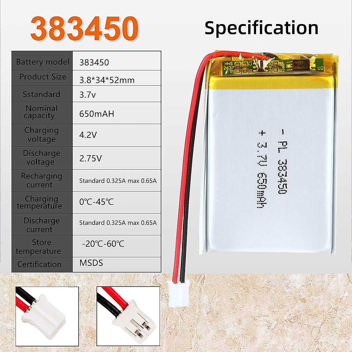 AKZYTUE 3.7V 650mAh 383450 Lipo Battery Rechargeable Lithium Polymer ion Battery Pack with JST Connector