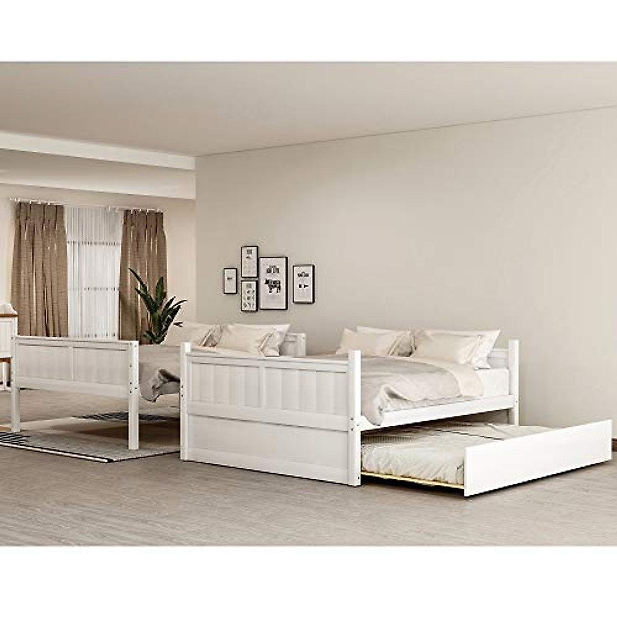 MERITLINE Full Over Full Bunk Bed for Kids Teens, Detachable Wood Full Bunk Bed Frame with Trundle