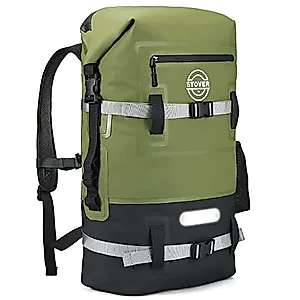 STOVER Waterproof Dry Bag Backpack 35L for Kayaking, Heavy Duty Roll-Top Closure Floating Bag with Front Pocket and Reflective Strip for Outdoor Water Activities (Green)