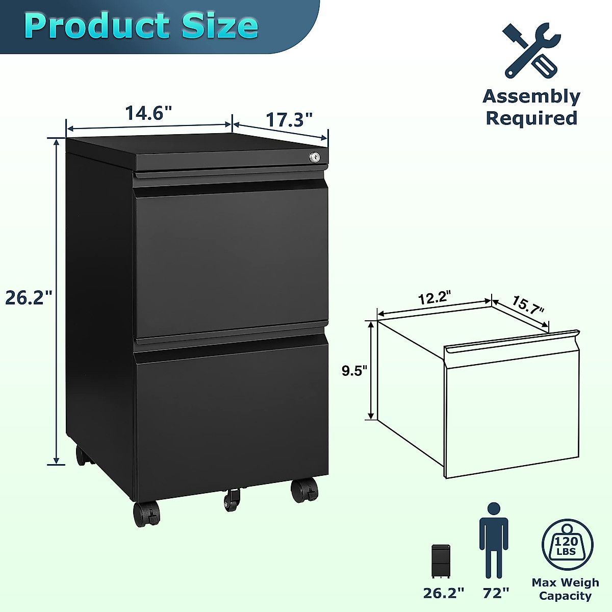 AFAIF 2 Drawer File Cabinet with Lock, Rolling File Cabinets for Home Office, Small Metal Filing Cabinet Office Drawers Under Desk for Letters/Legal/A4 Size, Assembly Required