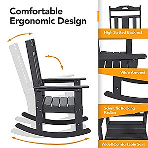 LOENIY Outdoor Rocking Chair All Weather Resistant Rocking Chair with High Backrest Patio Rocking Chair Outside Rocker (1, Black)