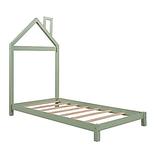 Harper & Bright Designs Twin Size Kids Bed with House-Shaped Headboard, Toddler Floor Bed with Solid Wood Slats,Twin Platform Bed Frame for Girls Boys,No Box Spring Needed,Green