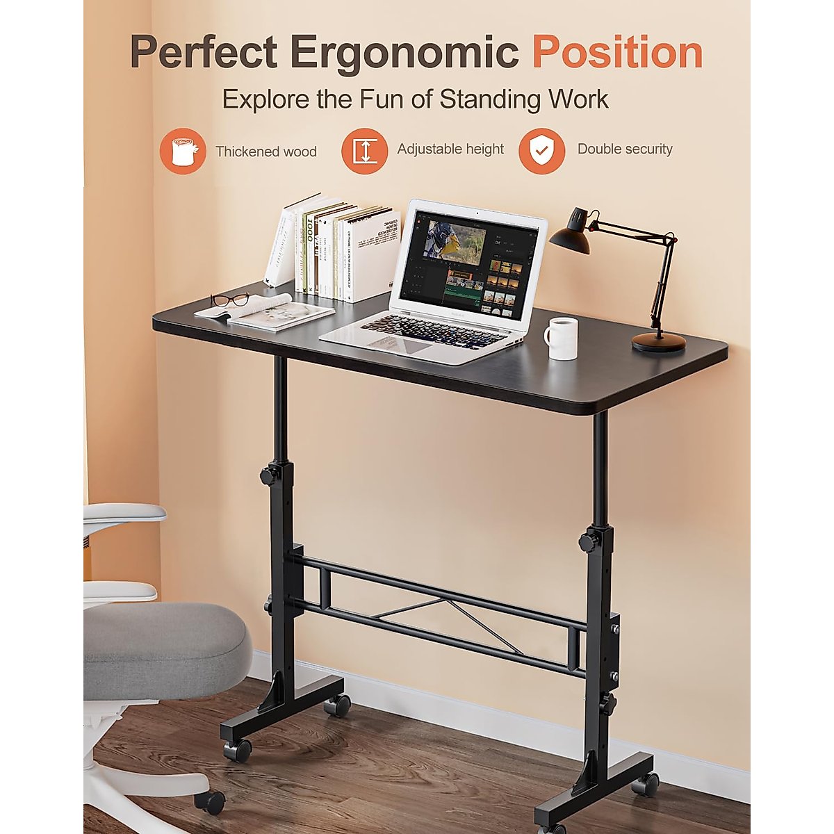 Small Standing Desk Adjustable Height, Mobile Stand Up Desk with Wheels, 32 Inch Portable Rolling Desk Small Computer Desk, Portable Laptop Desk Standing Table Black