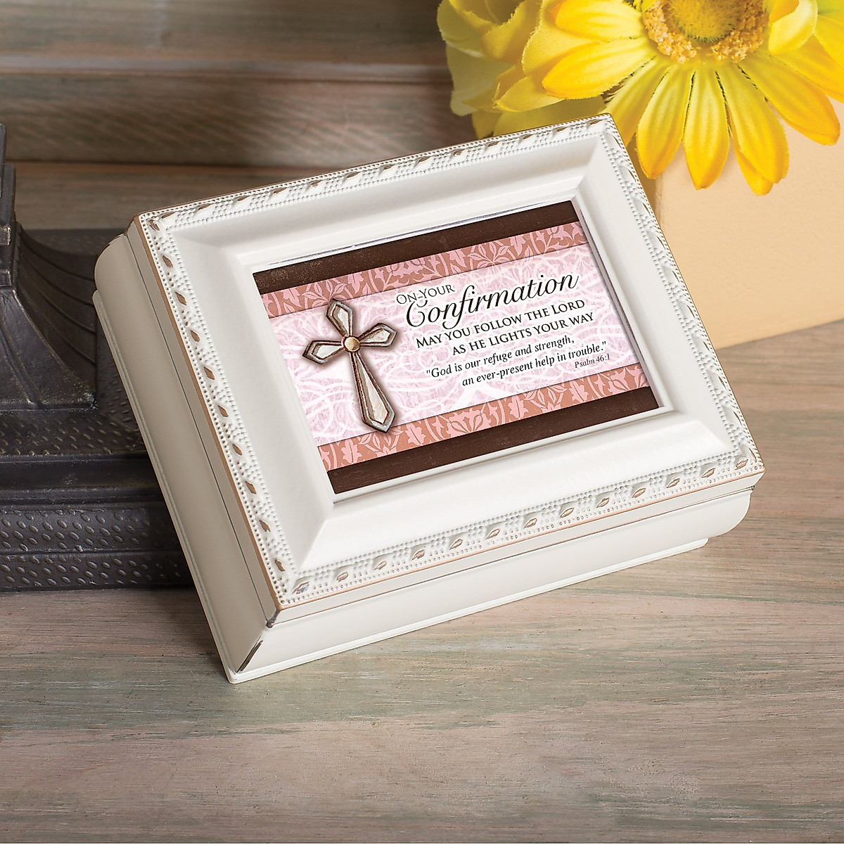 Cottage Garden Confirmation Follow Ivory Rope Trim 4.5 x 3.5 Tiny Square Jewelry Keepsake Box