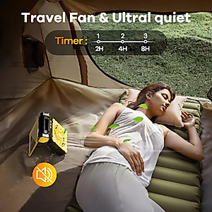 DOWILLDO Solar Powered Fan for Camping, 10400mAh Rechargeable Battery Operated Portable Fan with LED Lantern, 4 Speeds Powerful Wind and 3 Timer Table Fan, for Picnic, Hurricane, Fishing (Yellow)