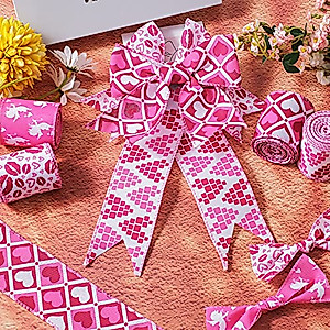 Kuscul 25 Yards Valentine Wired Edge Ribbons, 2 1/2 Inch Rose Pink Style Lips Love Heart Cupid Pattern Buffalo Plaid Ribbons for Valentine's Day Anniversary DIY Craft Wedding Party Wreath Bow