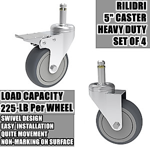 RILIDRI 5-Inch Swivel Stem Caster, 7/16-Inch Stem Diameter Rubber Wheel, Heavy Duty TPR Thermoplastic Rubber Replacement Wheels, 225-lb per Wheel- 4 Pack(2 Brakes 2 Swivel)