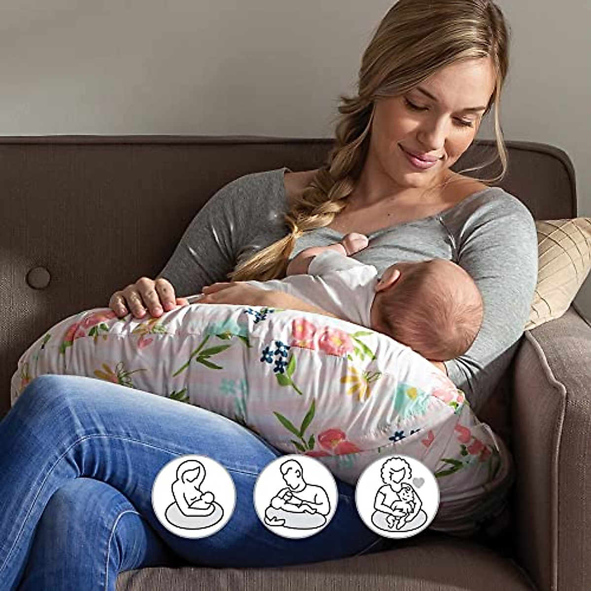 Boppy Original Support Nursing Pillow, Pink Floral Stripe, Ergonomic Breastfeeding, Bottle Feeding, and Bonding, Firm Hypoallergenic Fiber Fill, Removable Cover, Machine Washable