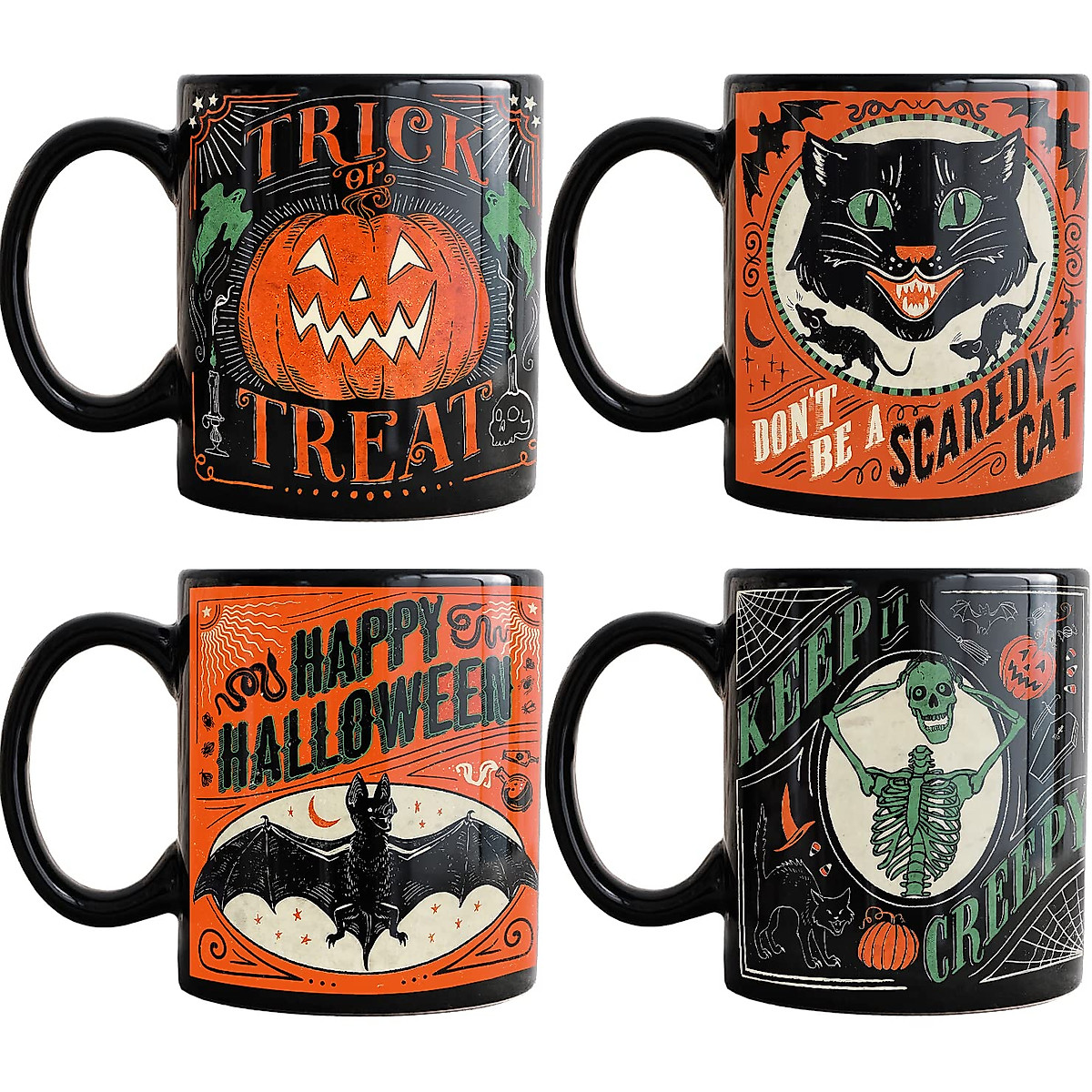 Vintage Halloween Scaredy Cat Spooky Cups - Jack o Lantern Pumpkins Halloween Coffee Mugs - Trick or Treat Retro Halloween Mug Set - Witch Gifts For Women Sister Friends (11 Oz, Black Cat)