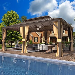 EROMMY 12'x18' Hardtop Gazebo,Galvanized Steel Double Roof Metal Gazebos with Curtain and Netting, Brown Permanent Pavilion Canopy with Aluminum Frame for Patios,Gardens,Lawns