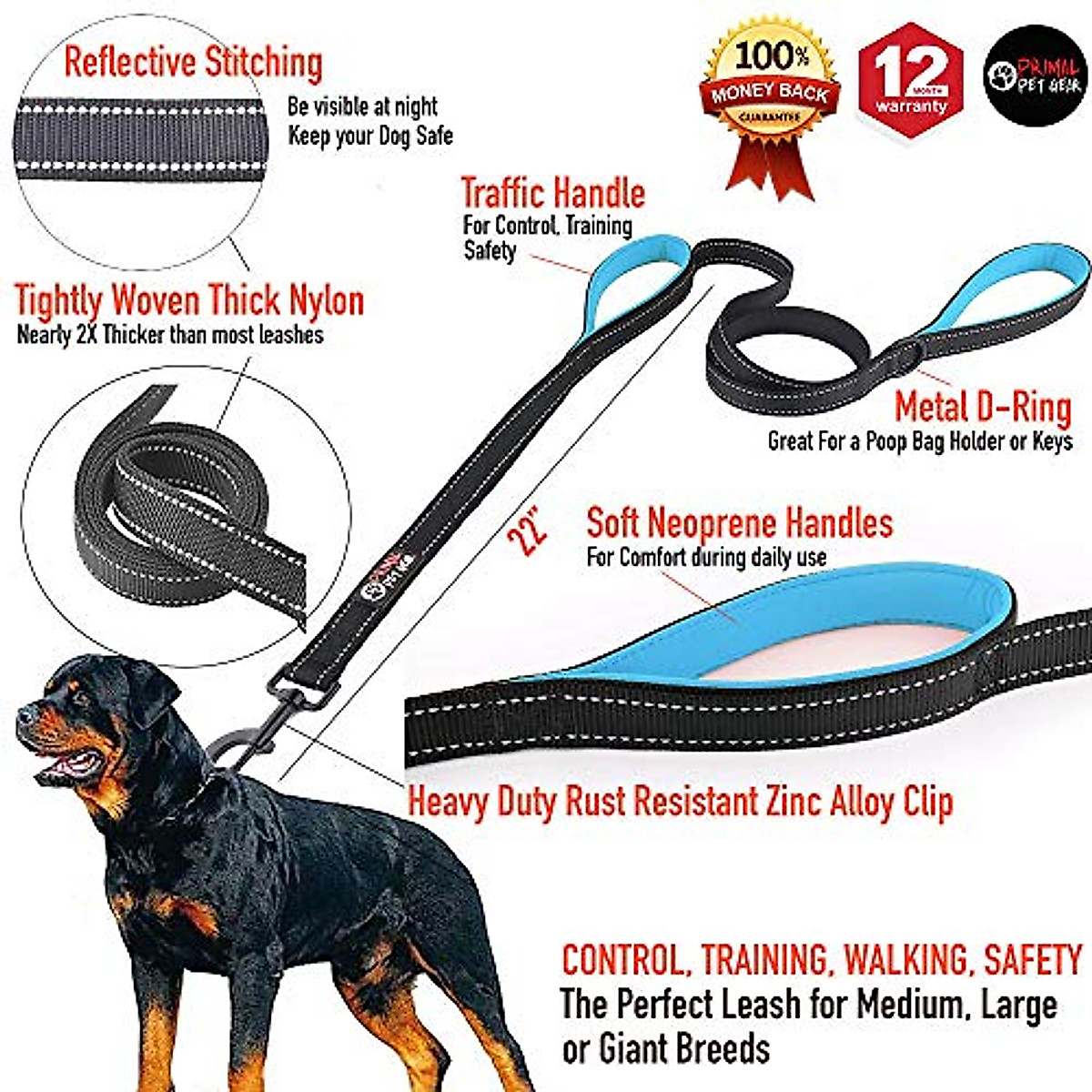 Primal Pet Gear Dog Leash 6ft Long,Traffic Padded Two Handle,Heavy Duty,Reflective Double Handles Lead for Control Safety Training,Leashes for Large Dogs or Medium Dogs,Dual Handles Leads(Black)